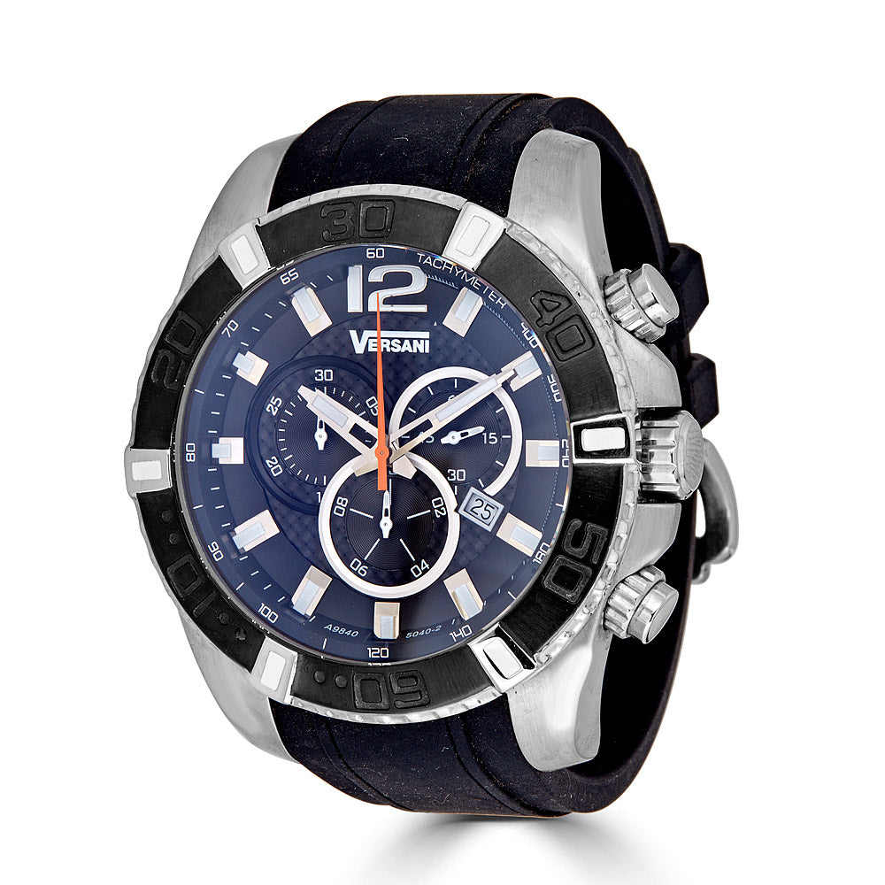 Round Bezel Chronograph Watch On Black Rubber Band | Versani